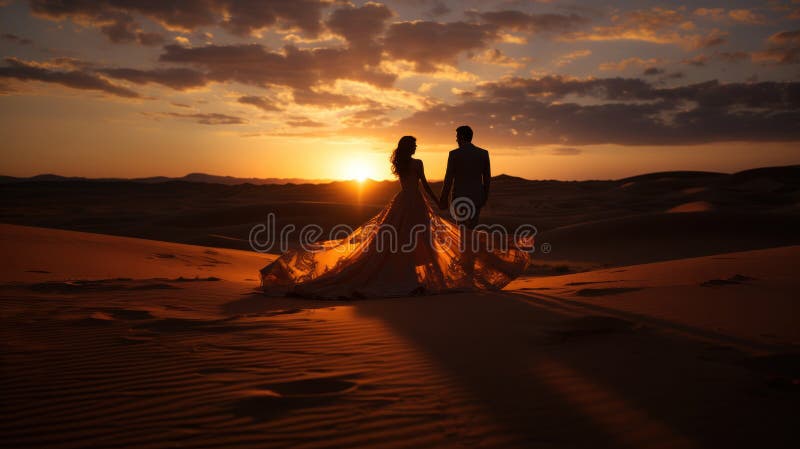 Wedding Couple in the Desert. Bride and Groom at Sunset Stock ...