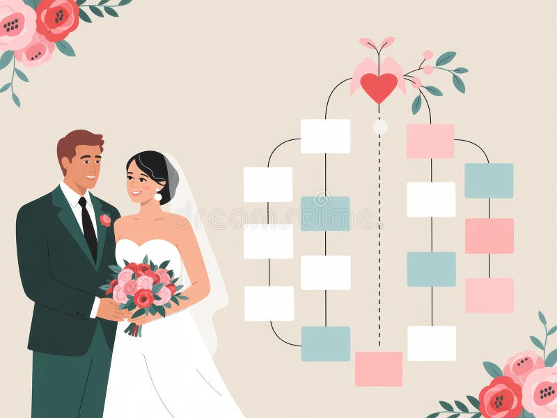 Wedding Couple with Family Tree Chart and Floral Elements in Romantic ...