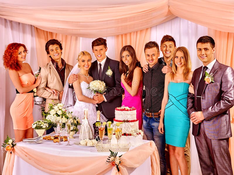 Wedding Couple and Guests Drinking Champagne. Stock Photo - Image of ...