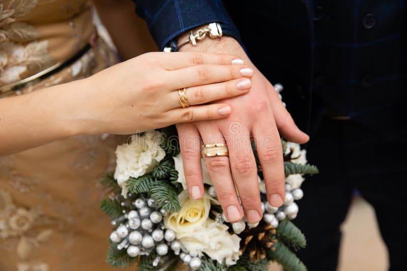 Wedding Couple Hands with Wedding Rings Stock Image - Image of dress ...