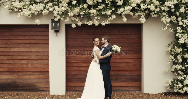 Wedding Couple Or Happy In Nature With Hug Romance And Commitment For