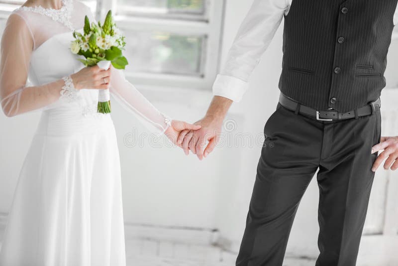 Wedding Couple Holding Hands Stock Image - Image of bridal, happiness ...