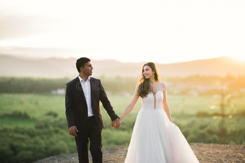 Wedding Couple, Groom and Bride Hugging, Outdoor Near River Stock Photo ...