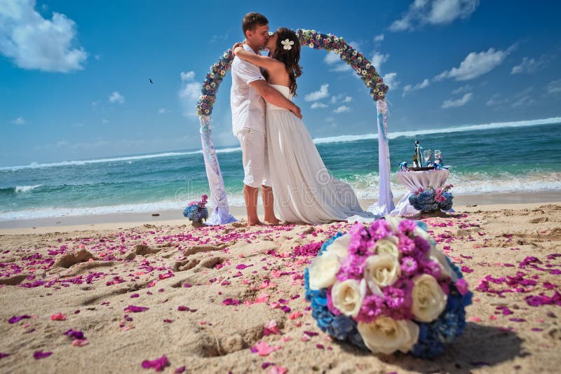 Wedding Couple Just Married Stock Photo - Image of beach, summer: 52607768
