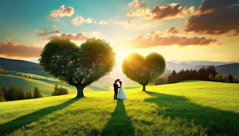 Wedding Couple in a Meadow with Trees in the Shape of a Heart Stock ...