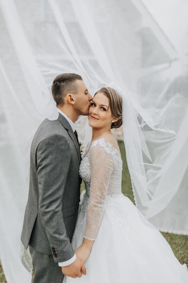 Wedding Couple on Nature. Bride and Groom Hugging Under the Veil Stock ...