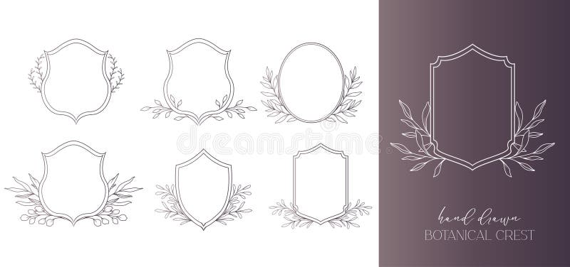 Wedding Crest Floral Line Art Design. Botanical Crest Line Drawing ...