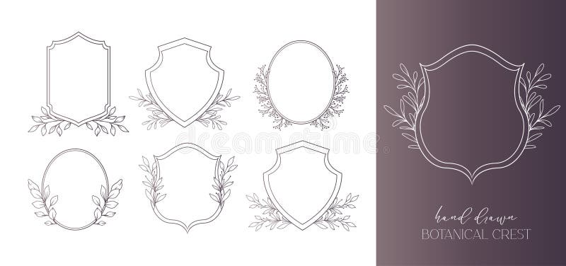 Wedding Crest Floral Line Art Design. Botanical Crest Line Drawing ...