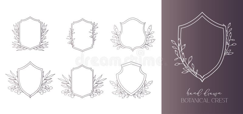 Wedding Crest Floral Line Art Design. Botanical Crest Line Drawing ...