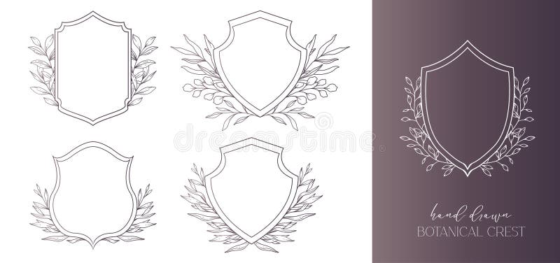 Wedding Crest Floral Line Art Design. Botanical Crest Line Drawing ...
