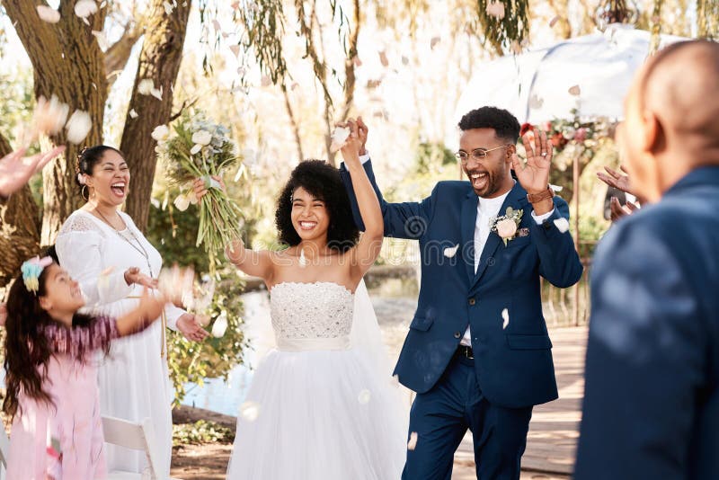 Wedding Day Couple Celebrate And Confetti Outdoor With Happiness And