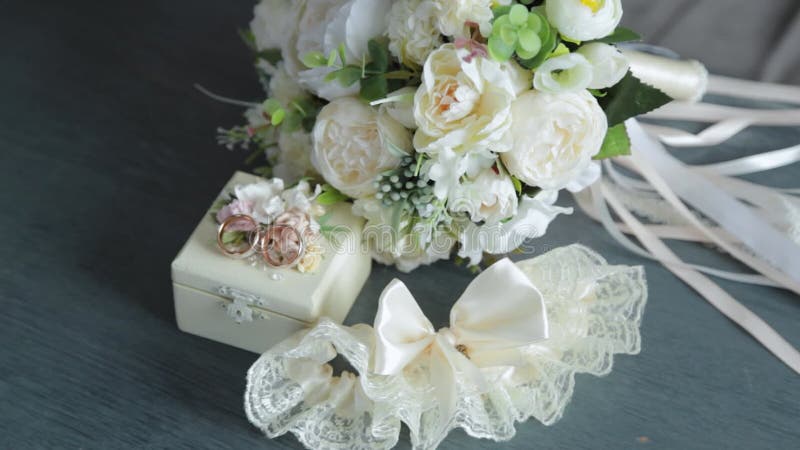 Wedding Delicate Bouquet with Rings on a Box. Stock Video - Video of ...