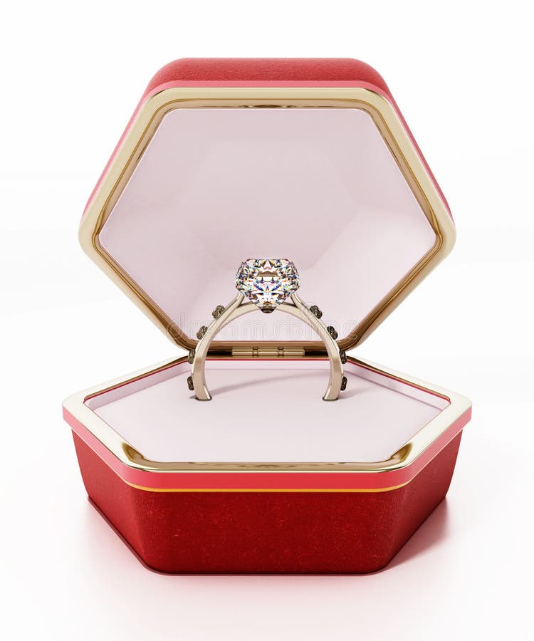 Wedding Diamond Ring Standing in Hexagonal Box. 3D Illustration Stock ...
