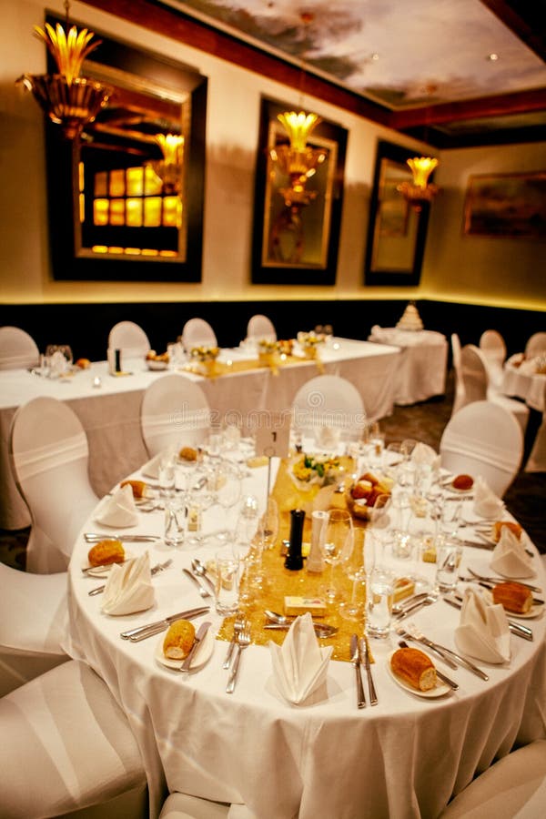 Shot of wedding dinner venue and reception table decoration