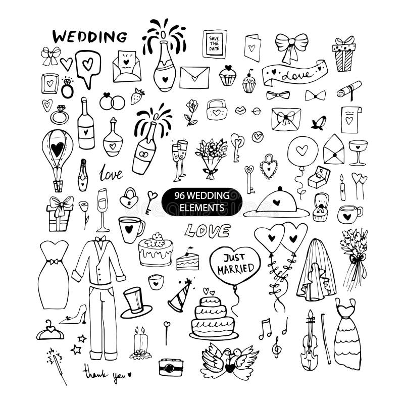 Wedding Doodle Set. 96 Hand-drawn Elements Stock Vector - Illustration ...