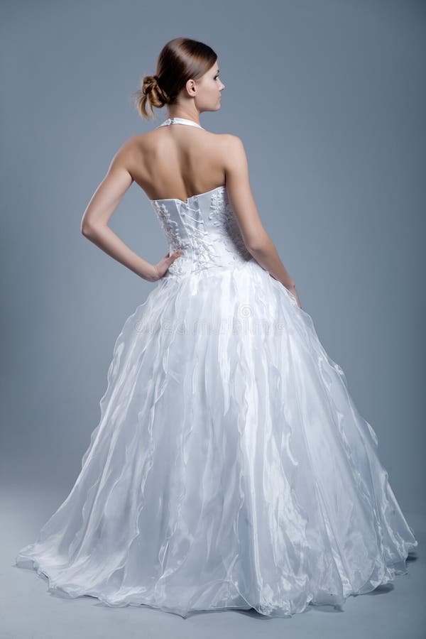 Woman White Dress, Wedding Fashion Model in Long Silk Bride Gown Stock ...