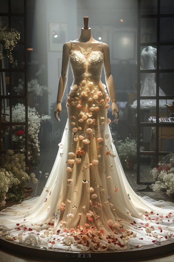 A Mannequin Showcases a Stunning Wedding Dress Adorned with Floral ...