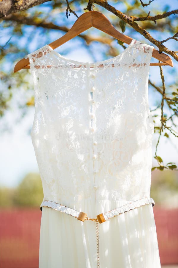 A Wedding Dress Hanging on a Tree Stock Photo - Image of long, clothes ...