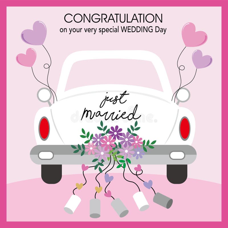 Happy Wedding Day Card with Wedding Car and Hearts Stock Vector ...