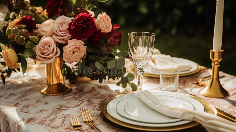 Wedding and Event Celebration Tablescape with Flowers, Formal Dinner Table Setting with Roses ...