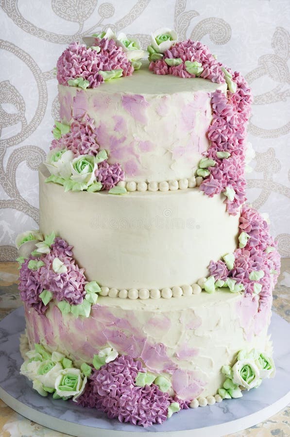 Wedding Festive Cake with Cream Flowers Lilac on White Background Stock ...