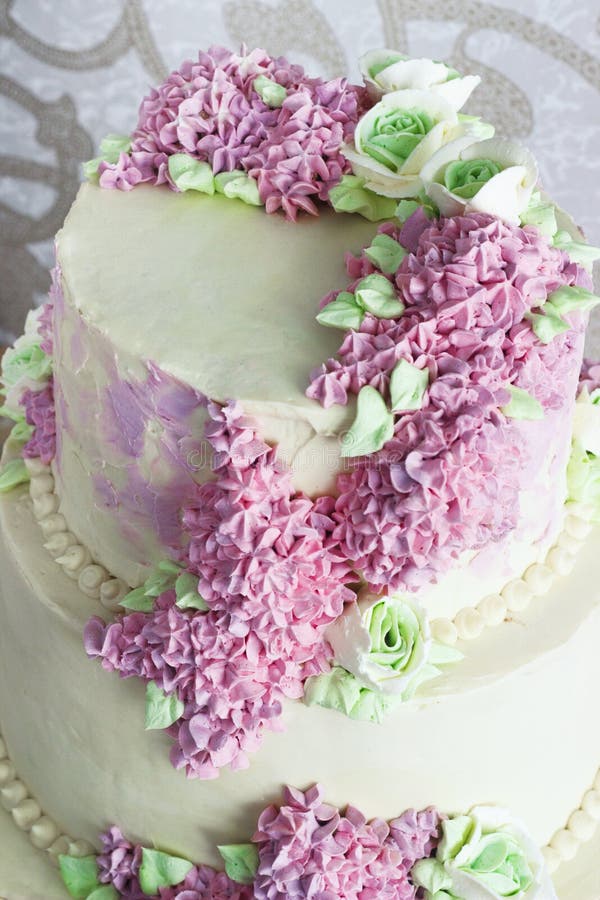 Wedding Festive Cake with Cream Flowers Lilac on White Background Stock ...