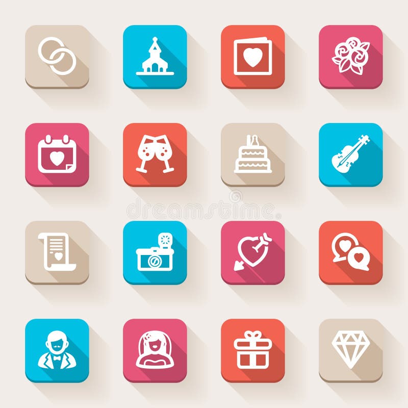 Wedding Flat Icons. Colorful Stock Vector - Illustration of engagement ...
