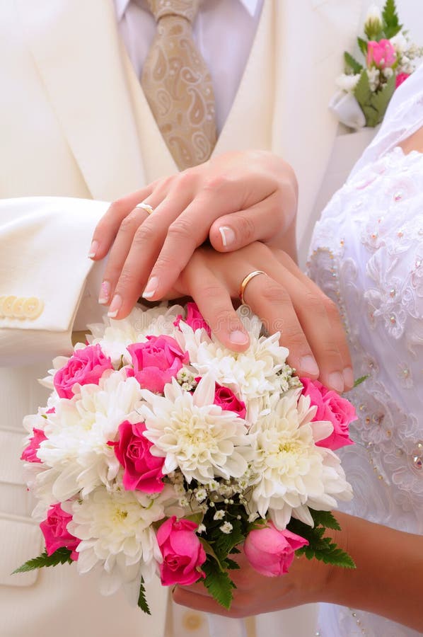 Wedding Flower Banch with Newlyweds Hands Stock Image - Image of ...