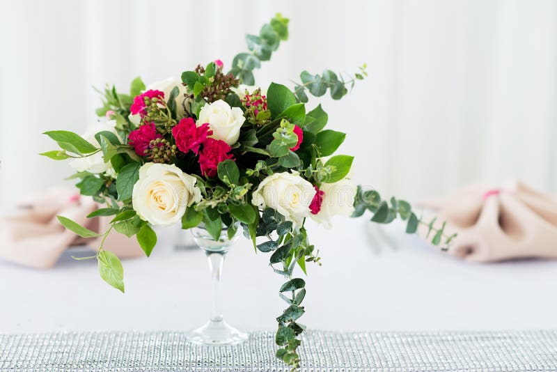 Wedding Flower Composition on Table. Bouquet with Roses Stock Photo ...