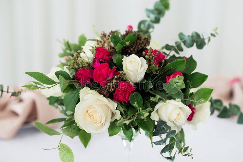 Wedding Flower Composition on Table. Bouquet with Roses Stock Image ...