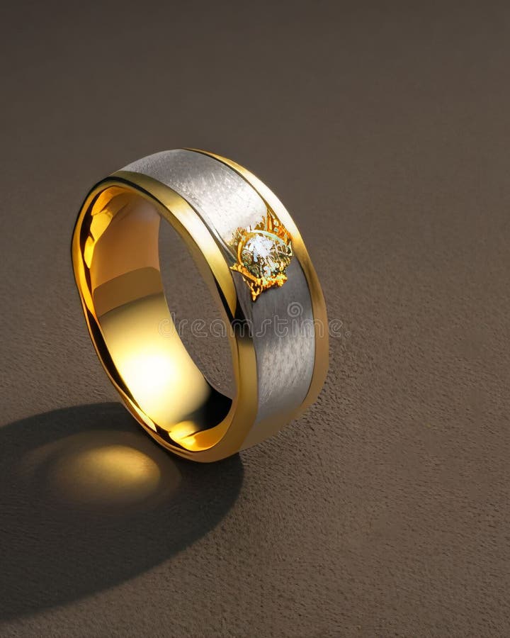 Wedding Gold Ring with Patterns on Gray, Dry Ground. Jewelry on a Brown ...