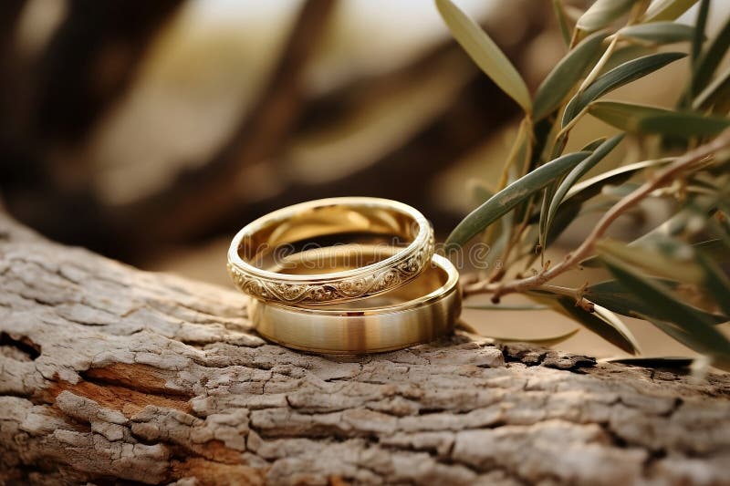 Wedding Gold Rings are Lying on a Tree Stock Illustration ...