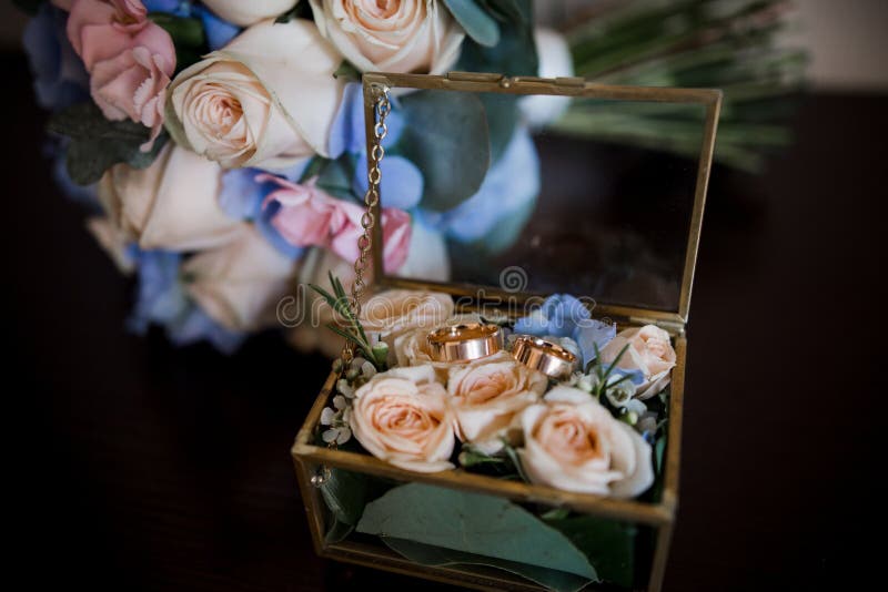 Wedding Gold Rings in a Transparent Box Stock Photo - Image of fashion ...