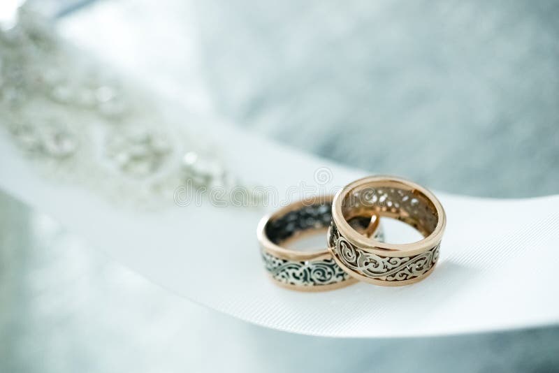 Wedding Gold Rings on White Ribbon Stock Image - Image of holiday ...