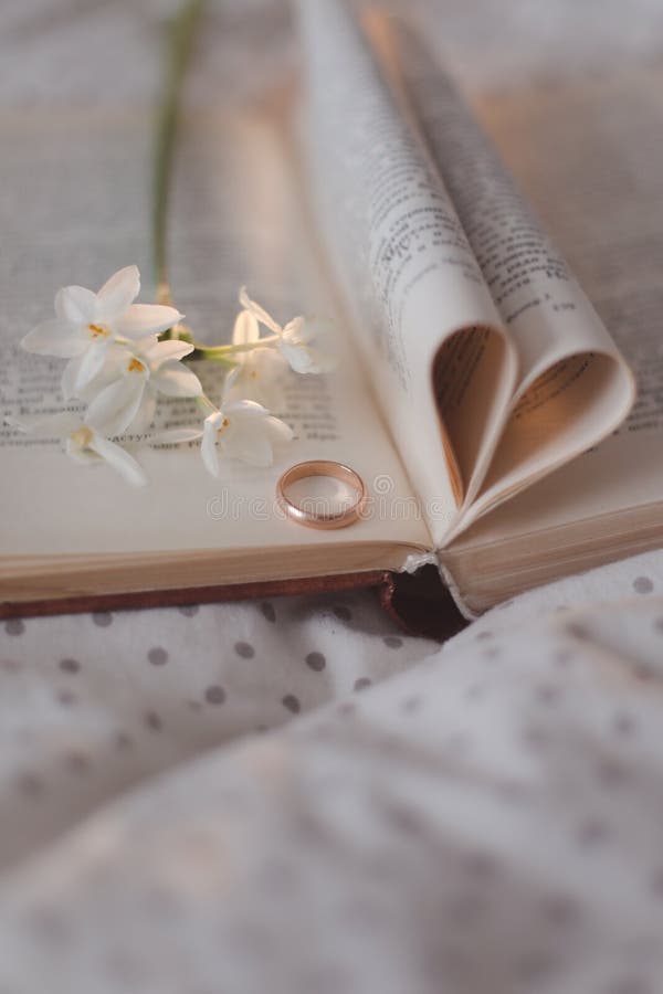 Wedding Golden Ring and Open Book with Folded Sheets in Heart Shape ...