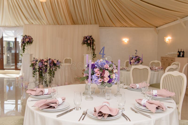 Wedding Guest Table Decorated with Bouquet and Candles Stock Photo ...
