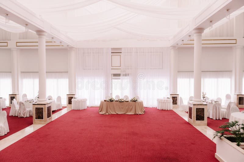 Wedding Hall, Decorated with Red Carpet and Satin Stock Photo - Image ...