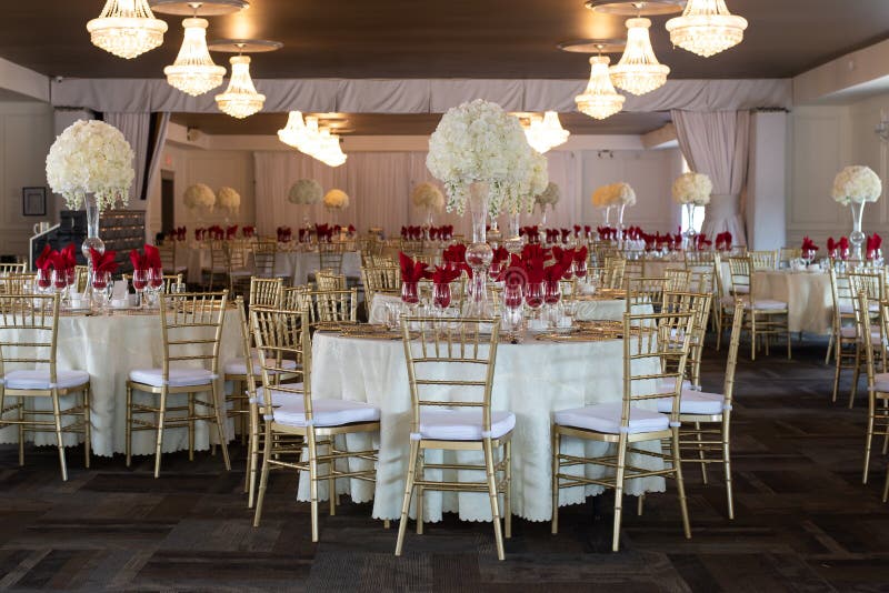 Wedding Hall Design in Golden, Red, and White Colors Stock Photo ...