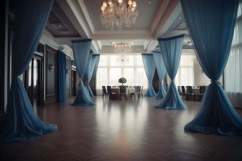 Wedding Hall with Luxurious Blue Curtains. Neural Network AI Generated ...