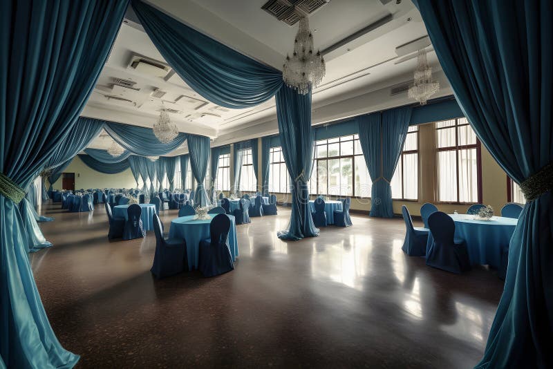 Wedding Hall with Luxurious Blue Curtains. Neural Network AI Generated ...