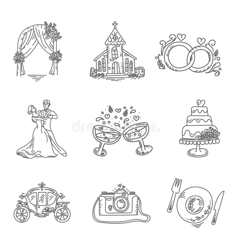 Collection of Beautiful Thin Line Style Vector Wedding Icons Stock Vector - Illustration of card ...