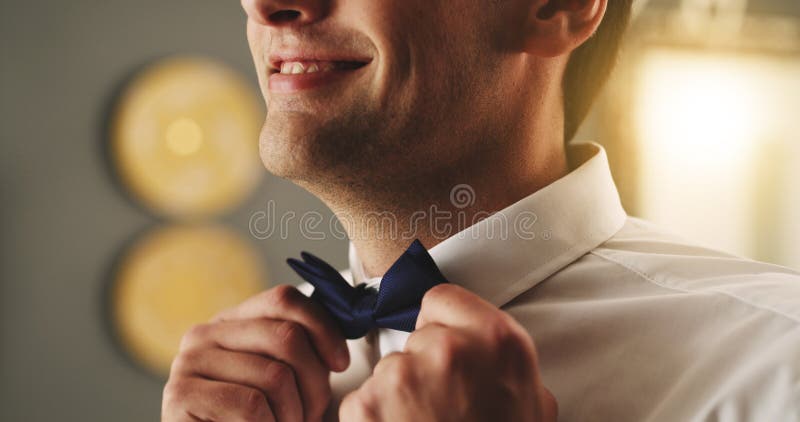 Wedding, Hands and Groom Getting Ready with Bow Tie for Marriage ...