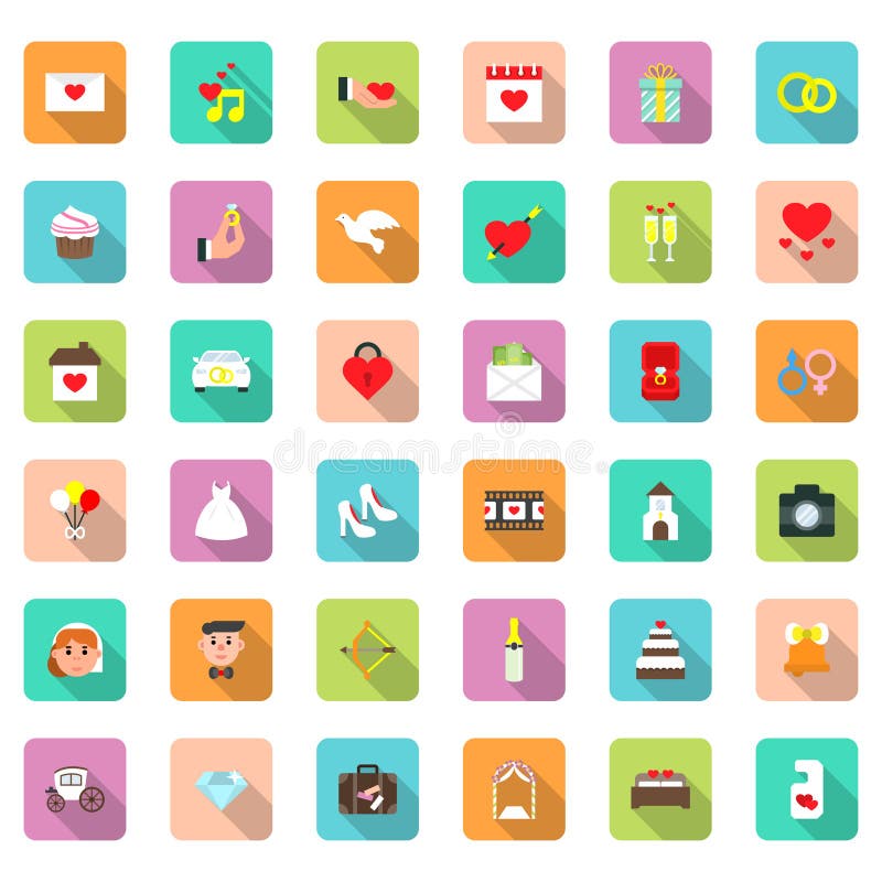 Wedding Icon Set in Flat Style with Shadow.Vector Symbols Stock Vector ...