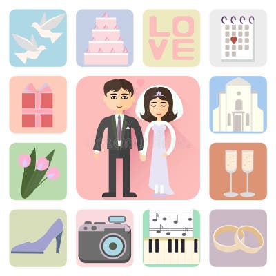 Wedding icons flat style stock vector. Illustration of cake - 52458527