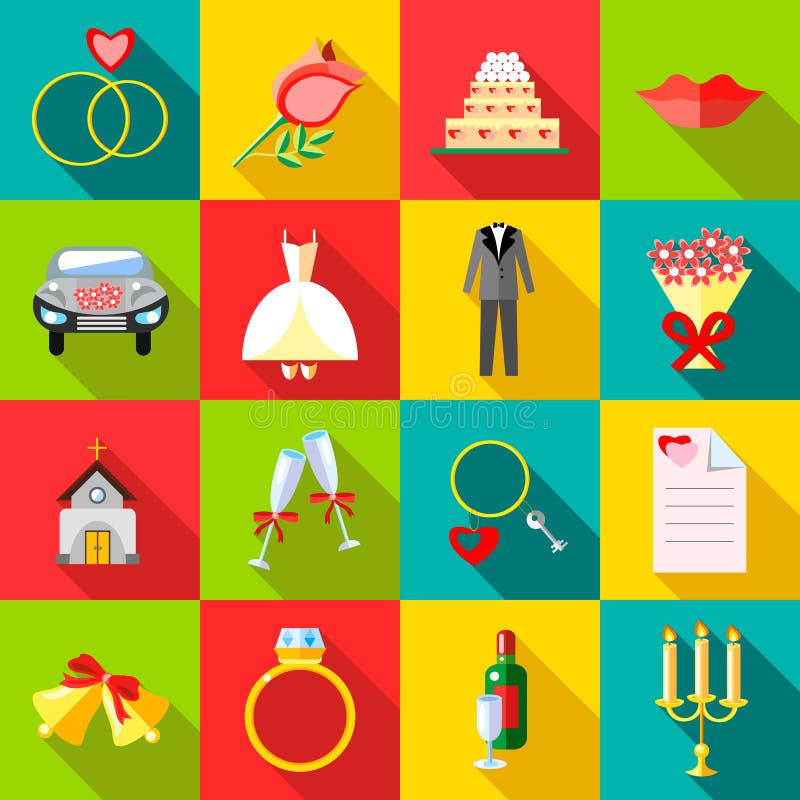 Wedding Icons Set, Flat Style Stock Vector - Illustration of balloons ...