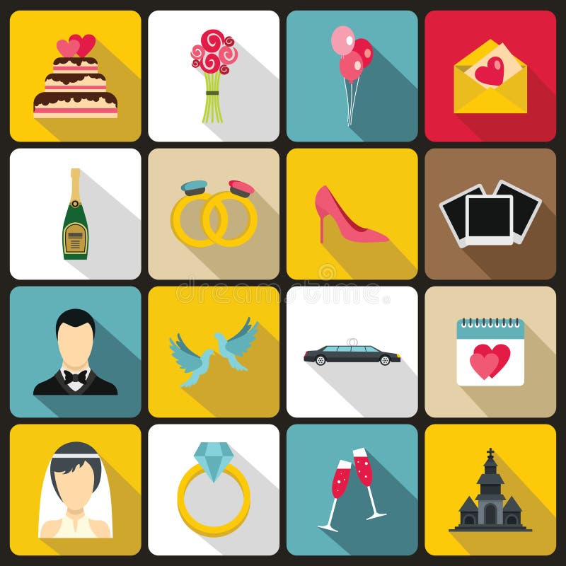 Wedding Icons Set, Flat Style Stock Vector - Illustration of bird, card ...