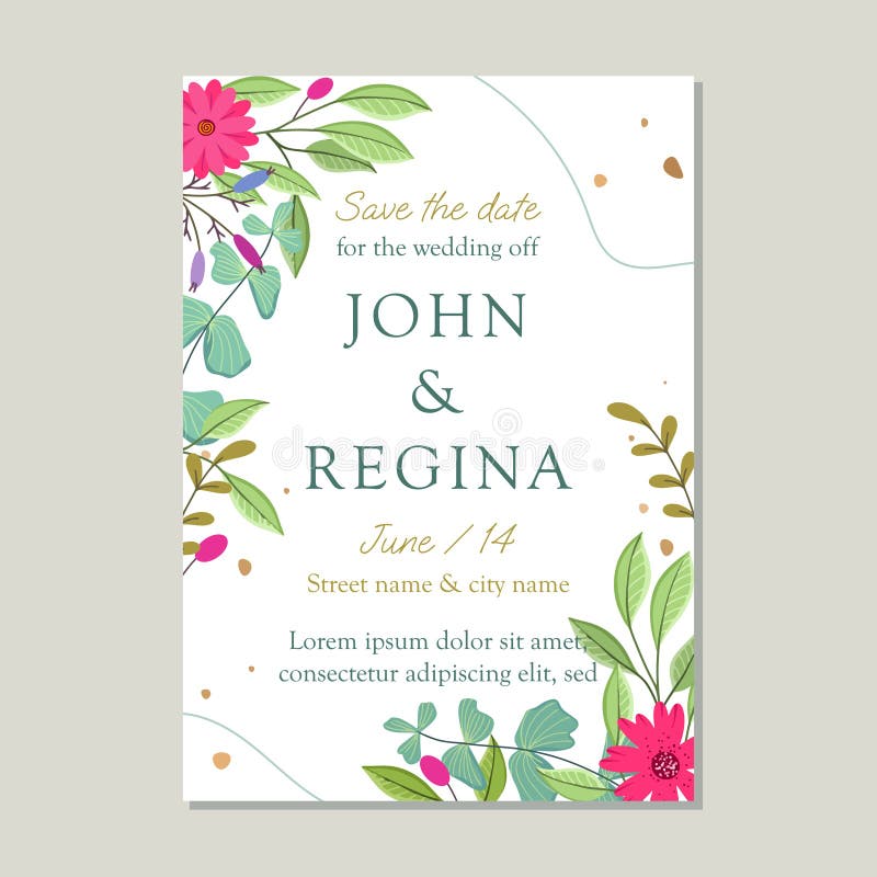 Wedding Invitation with Bright Floral Design in Hand-drawing Style ...