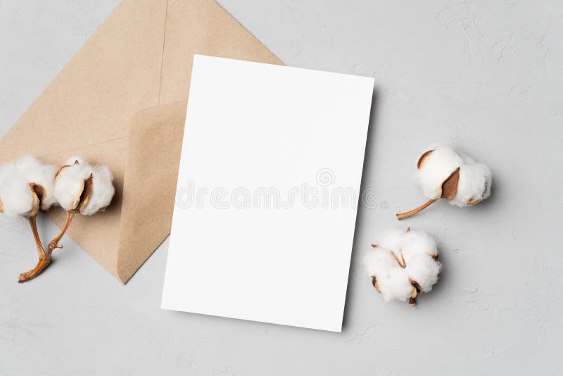Wedding Invitation Card Mockup with Envelope and Cotton Flowers Stock ...