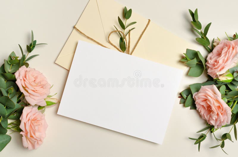 Wedding Invitation Card Mockup with Envelope and Roses Flowers, Blank ...