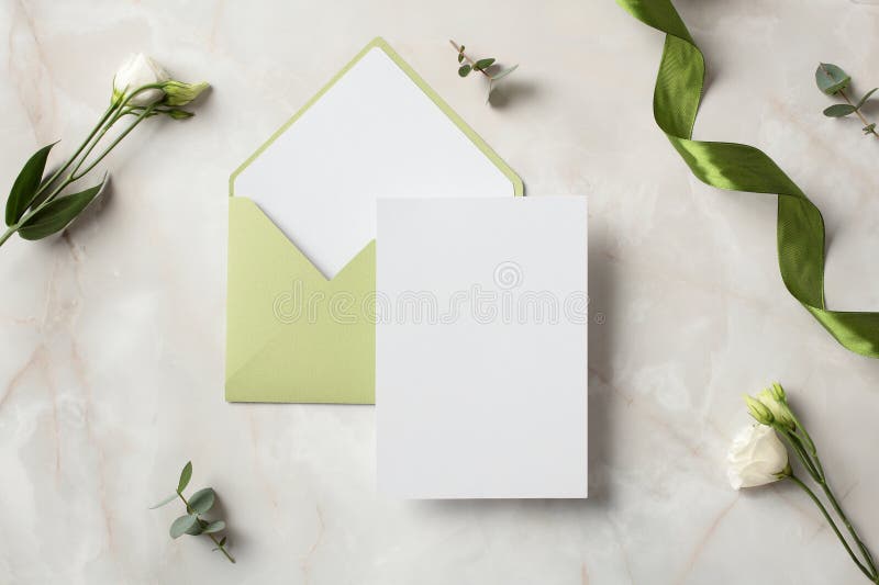 Wedding Invitation Card Mockup with Olive Envelope on Stone Table Top ...